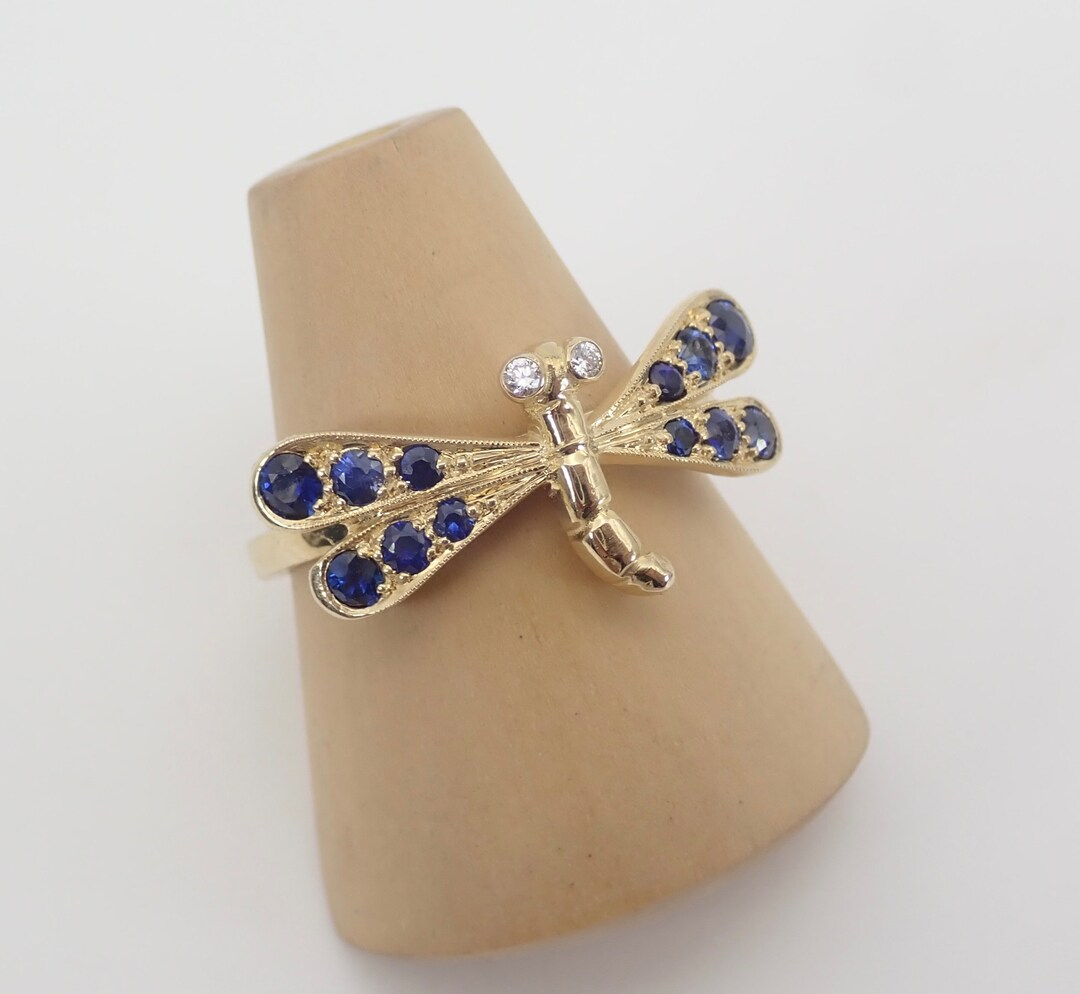 Blue Sapphire and Diamond Dragonfly Ring Solid 14k Yellow Gold Natural ...