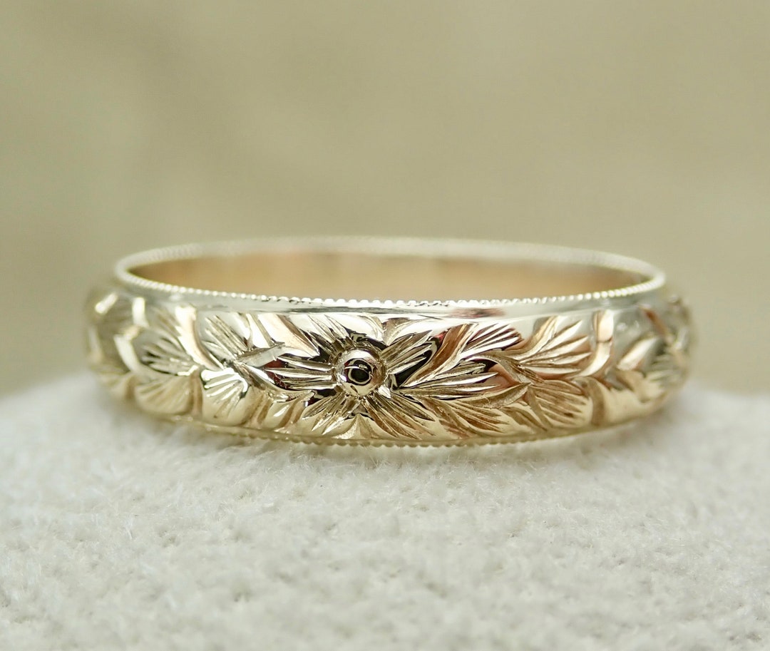 Carved Floral 14k Yellow Gold Wedding Band - Antique Style Size 7 - Etsy