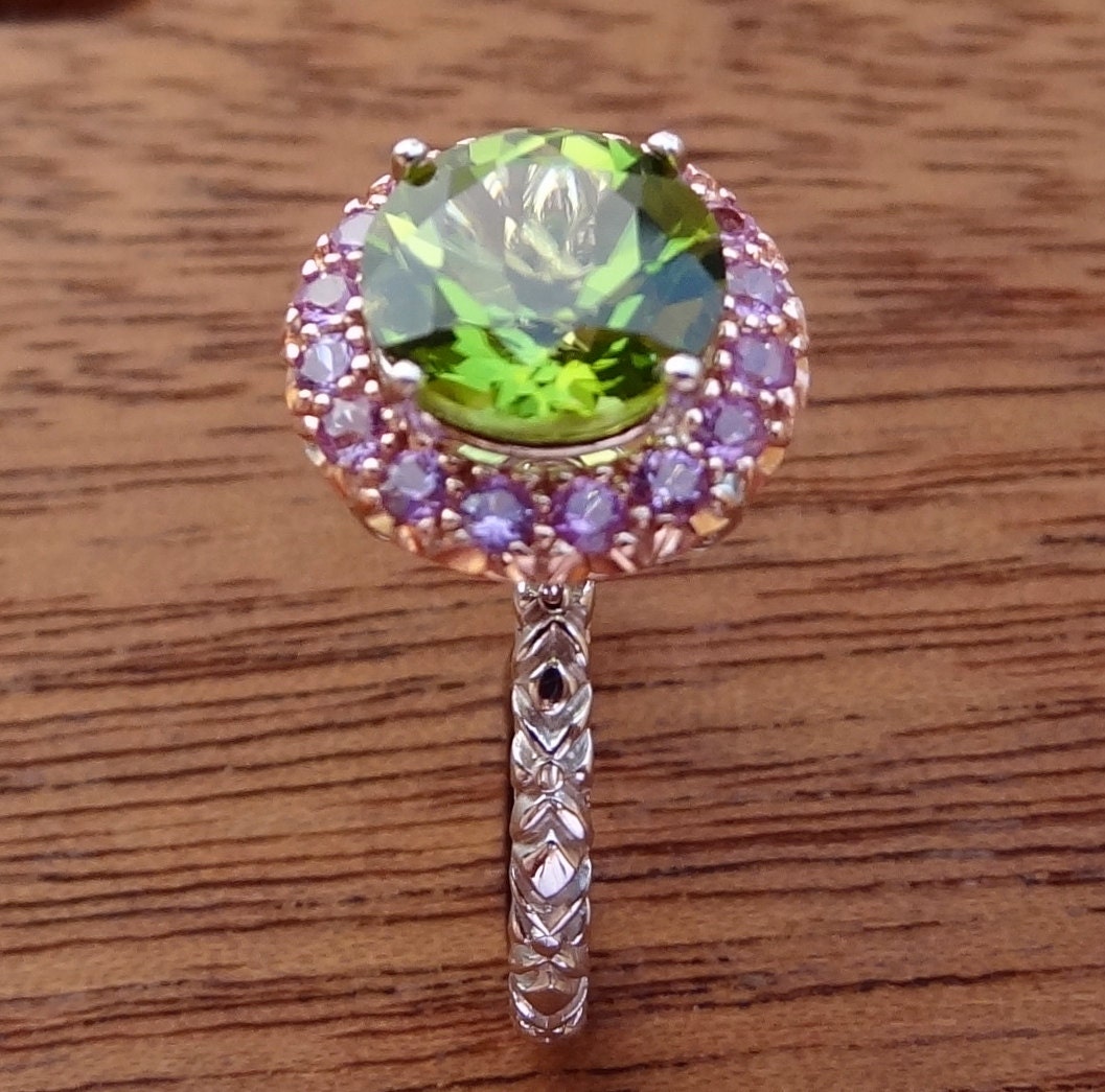 Peridot with 16 Pink Sapphire Pave Halo Engagement Ring 18k | Etsy