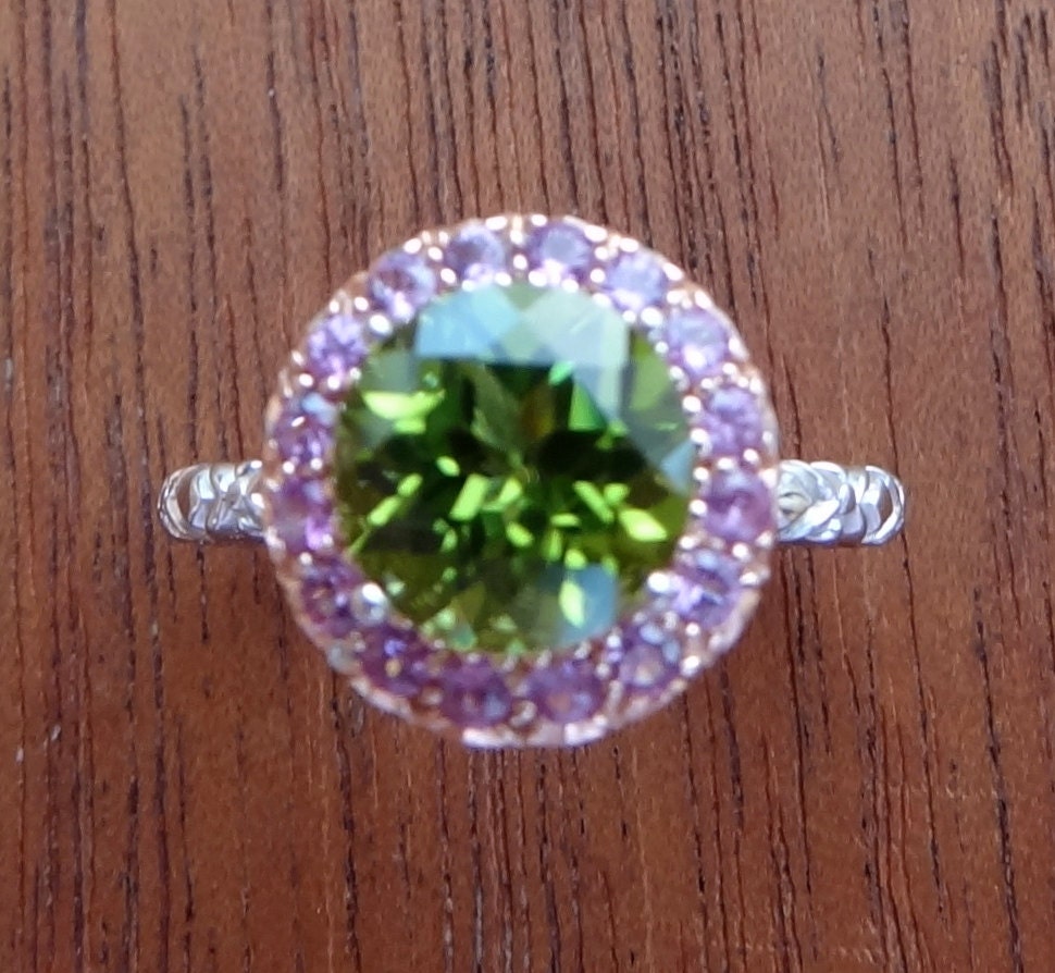 Peridot with 16 Pink Sapphire Pave Halo Engagement Ring 18k | Etsy