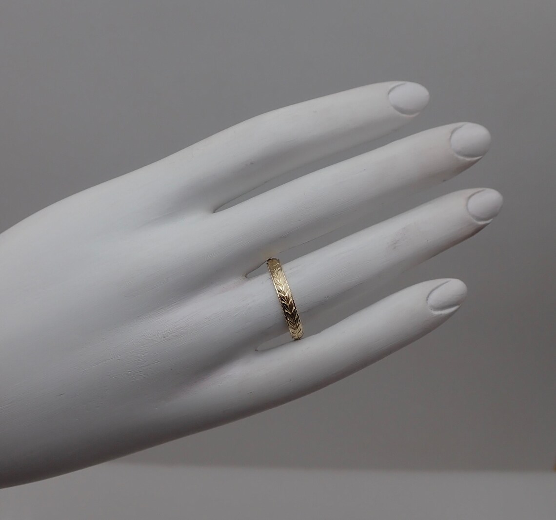 Hand Engraved 18k Yellow Gold Wedding Band: Wheat Pattern, Milgrain ...