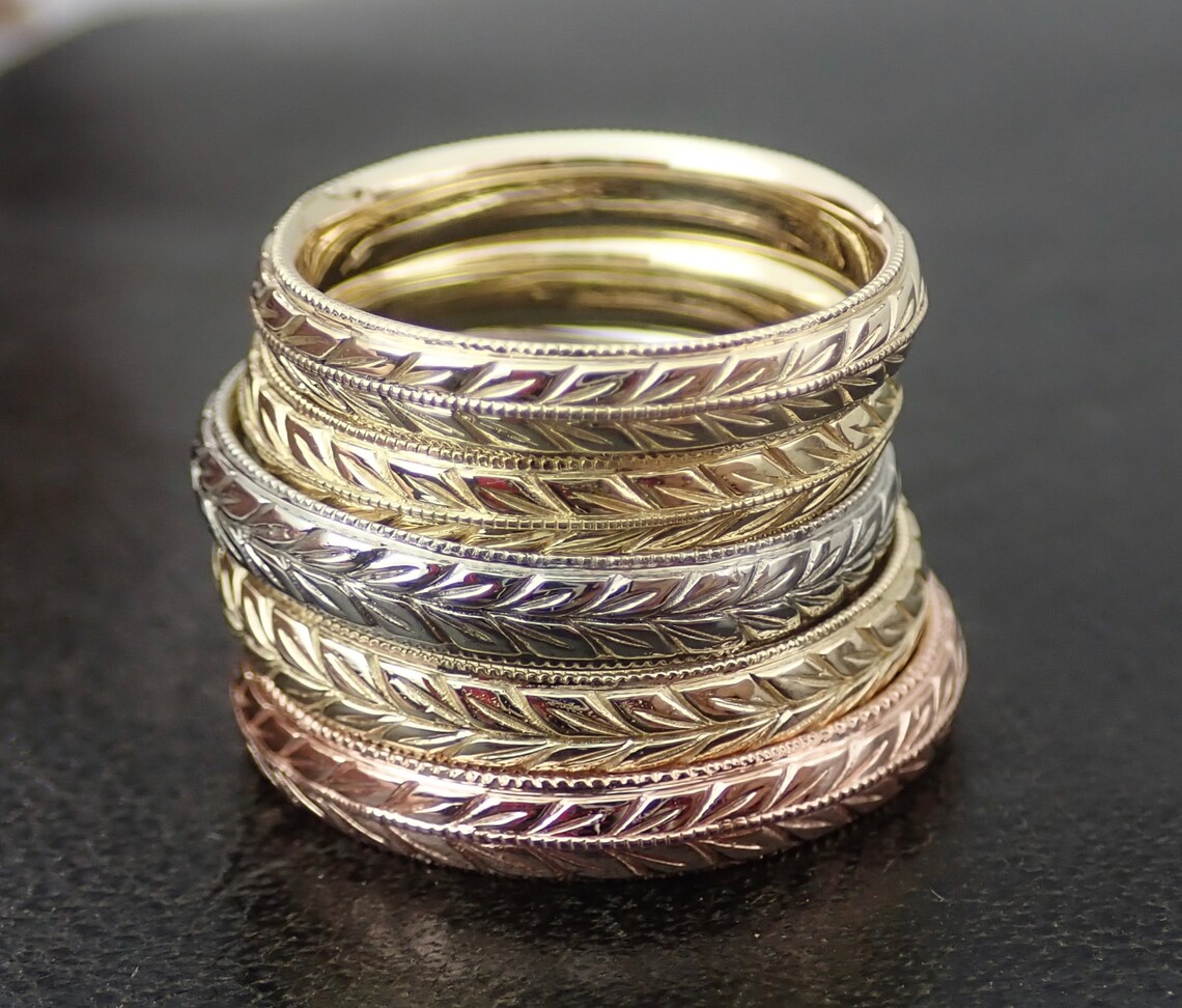 Hand Engraved 18k Yellow Gold Wedding Band: Wheat Pattern, Milgrain ...