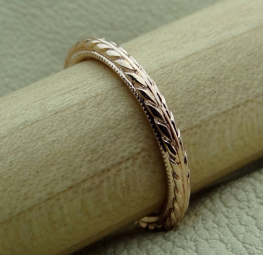Hand Engraved Wheat Pattern 14k Gold Wedding Band - 2mm Milgrain Ring ...