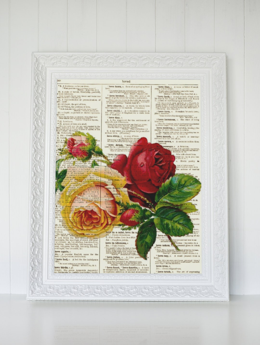 Red and Peach Roses Print on Upcycled Antique Dictionary Page, 8×10 ...