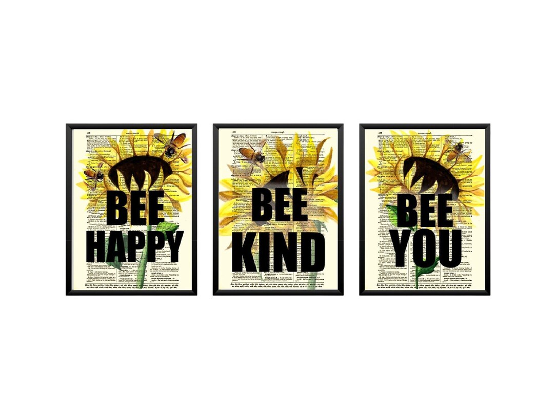 Sunflower Bee Trio Art Print: Upcycled Dictionary Page, Farmhouse Decor ...