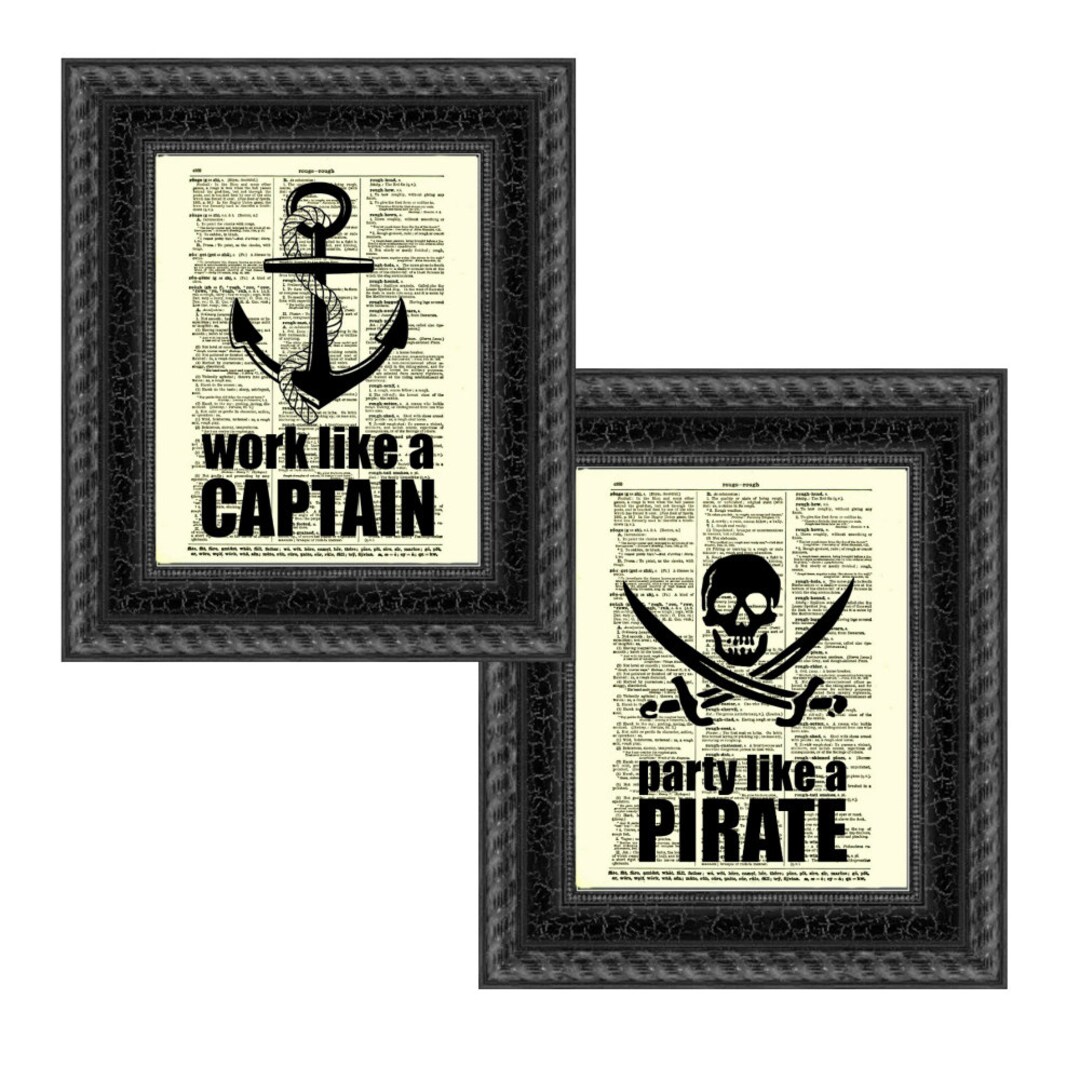 Nautical Art Prints: Captain & Pirate on Antique Dictionary Pages (set ...
