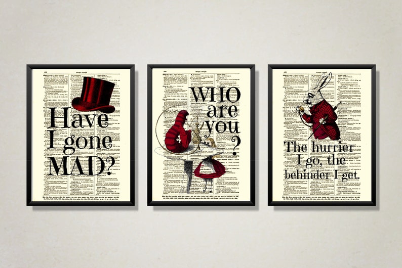 Alice in Wonderland Prints: Antique Dictionary Art, Mad Hatter, White ...