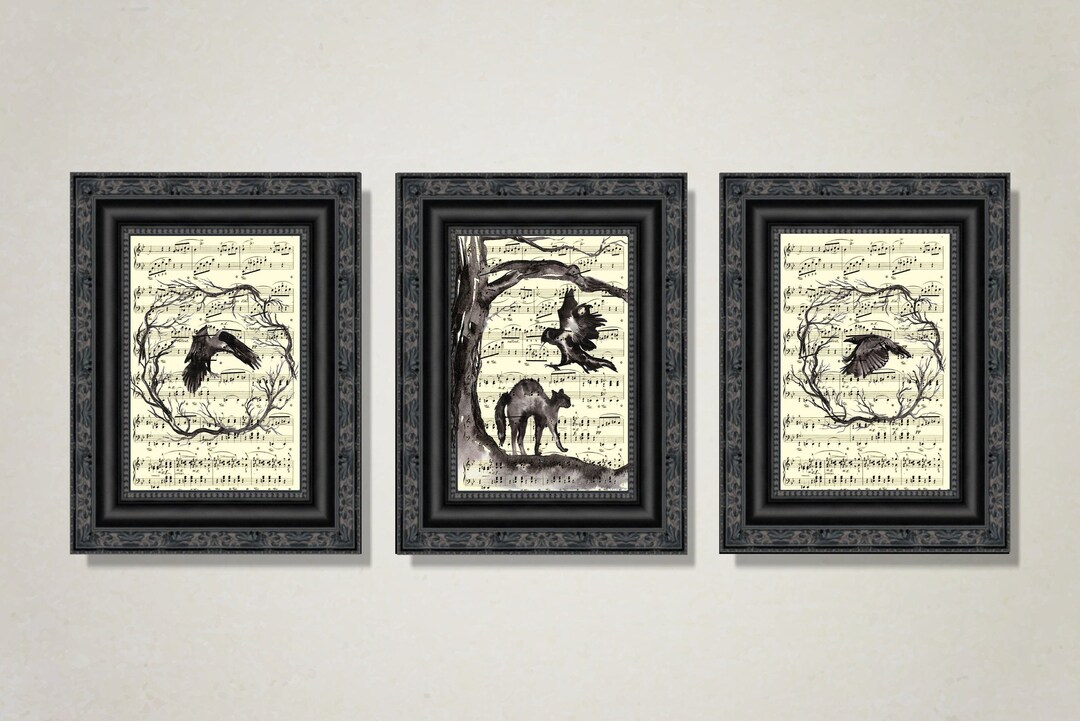 Raven & Black Cat Art Print: Spooky Gothic Decor on Antique Music Page ...