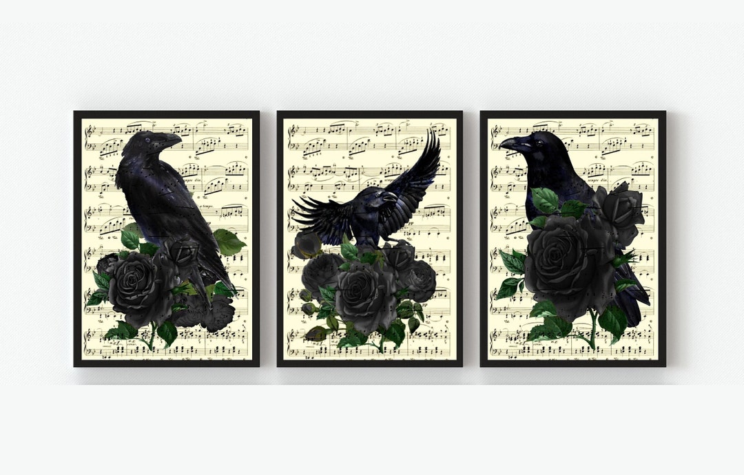 Dark Black Raven Set of 3 Printed on Antique 110+ Year Old Music Pages ...