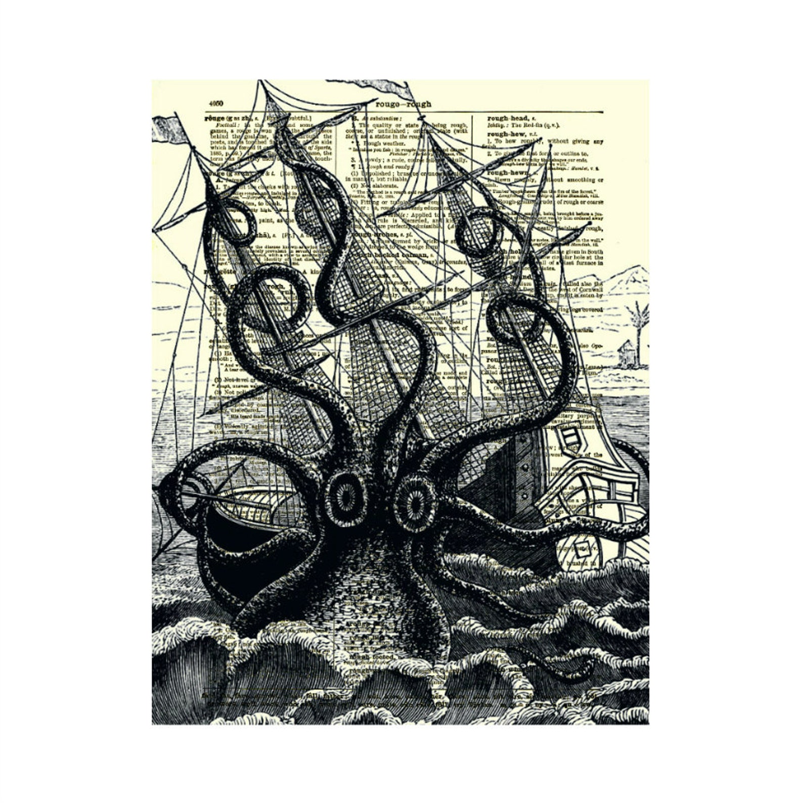 Kraken Illustration Printed on an Antique 125 Year Old - Etsy