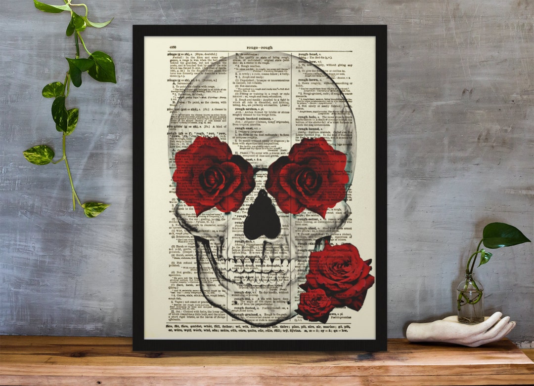 Skull & Roses Art Print: Macabre Botanical Decor on 1897 Dictionary ...