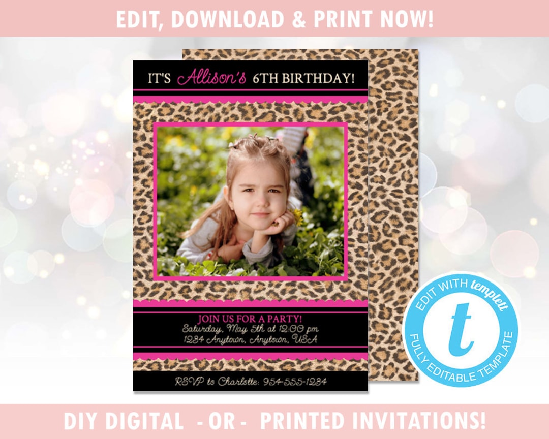 Pink Leopard / Cheetah Birthday Party Invitation With Photo digital DIY ...