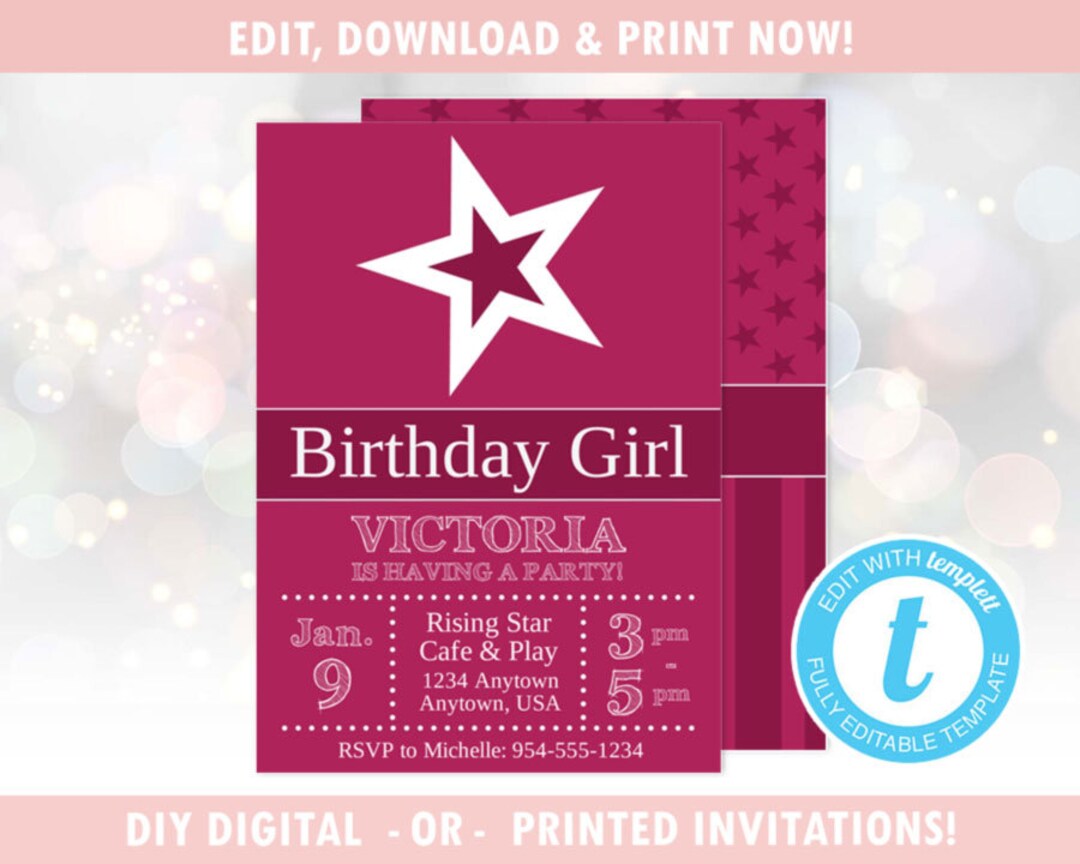 Star Birthday Party Invitation (digital - DIY) Instant Download ...
