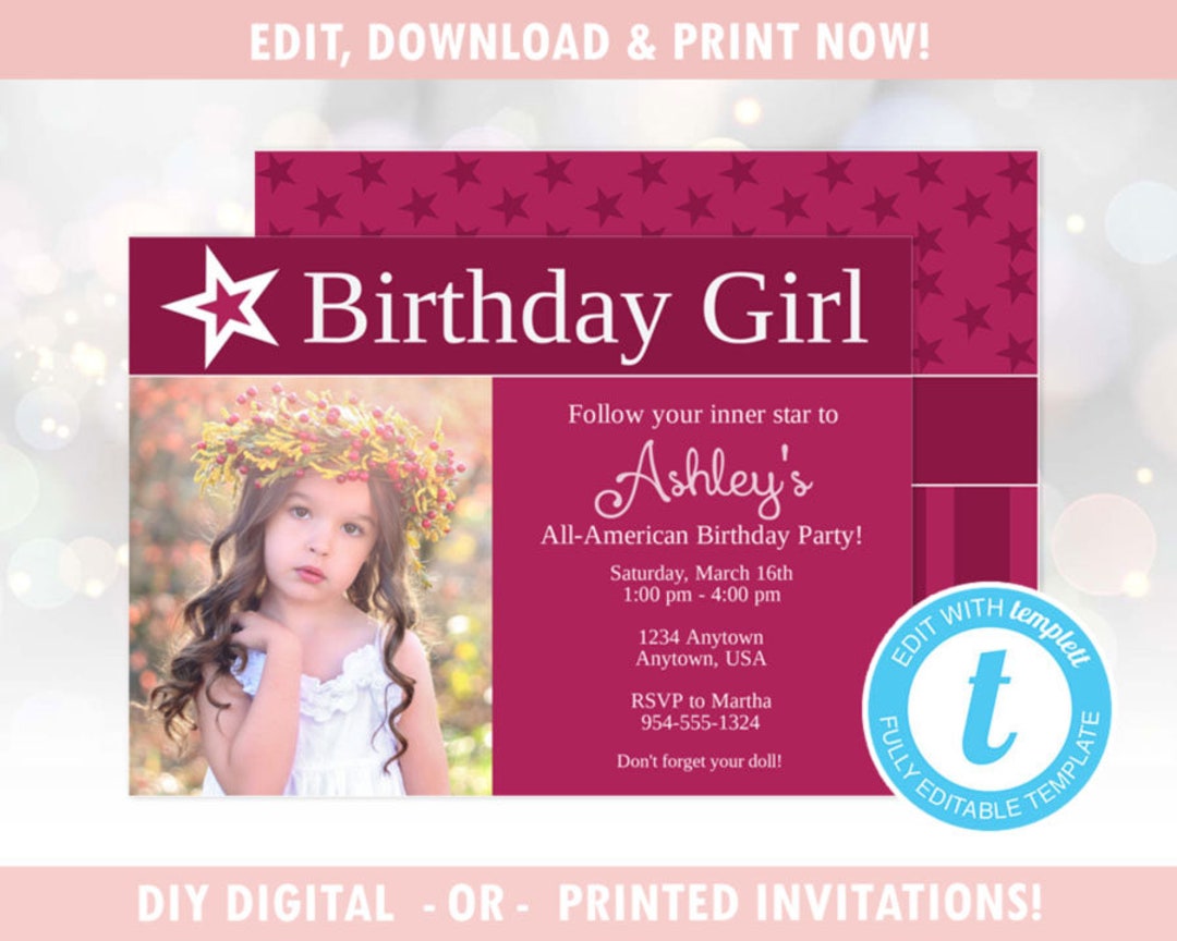 Star Birthday Girl Birthday Party Invitation With Photo (digital - DIY ...