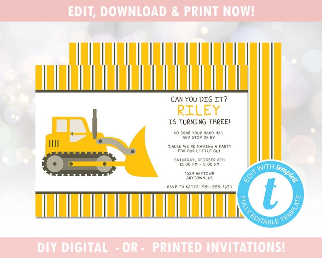 Bulldozer - Truck - Dump Truck Birthday Party Invitation (digital - DIY ...