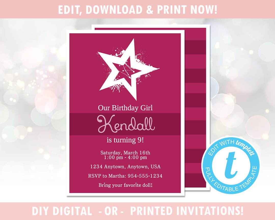 Star Birthday Girl Birthday Party Invitation (digital - DIY) Instant ...