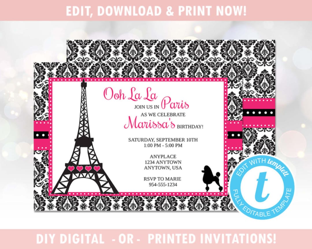 Paris Birthday Party Invitation digital DIY Instant Download, Parisian ...