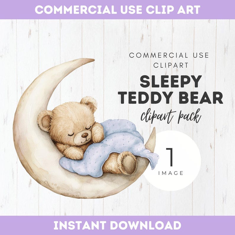 Sleepy Teddy Bear Watercolor Clipart, Single Image, Nursery, Clip Art ...