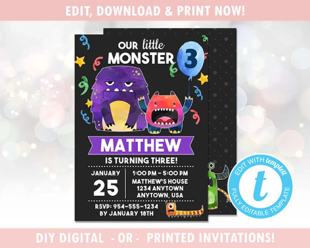 Monster Birthday Party Invitation (digital - DIY) Instant Download ...