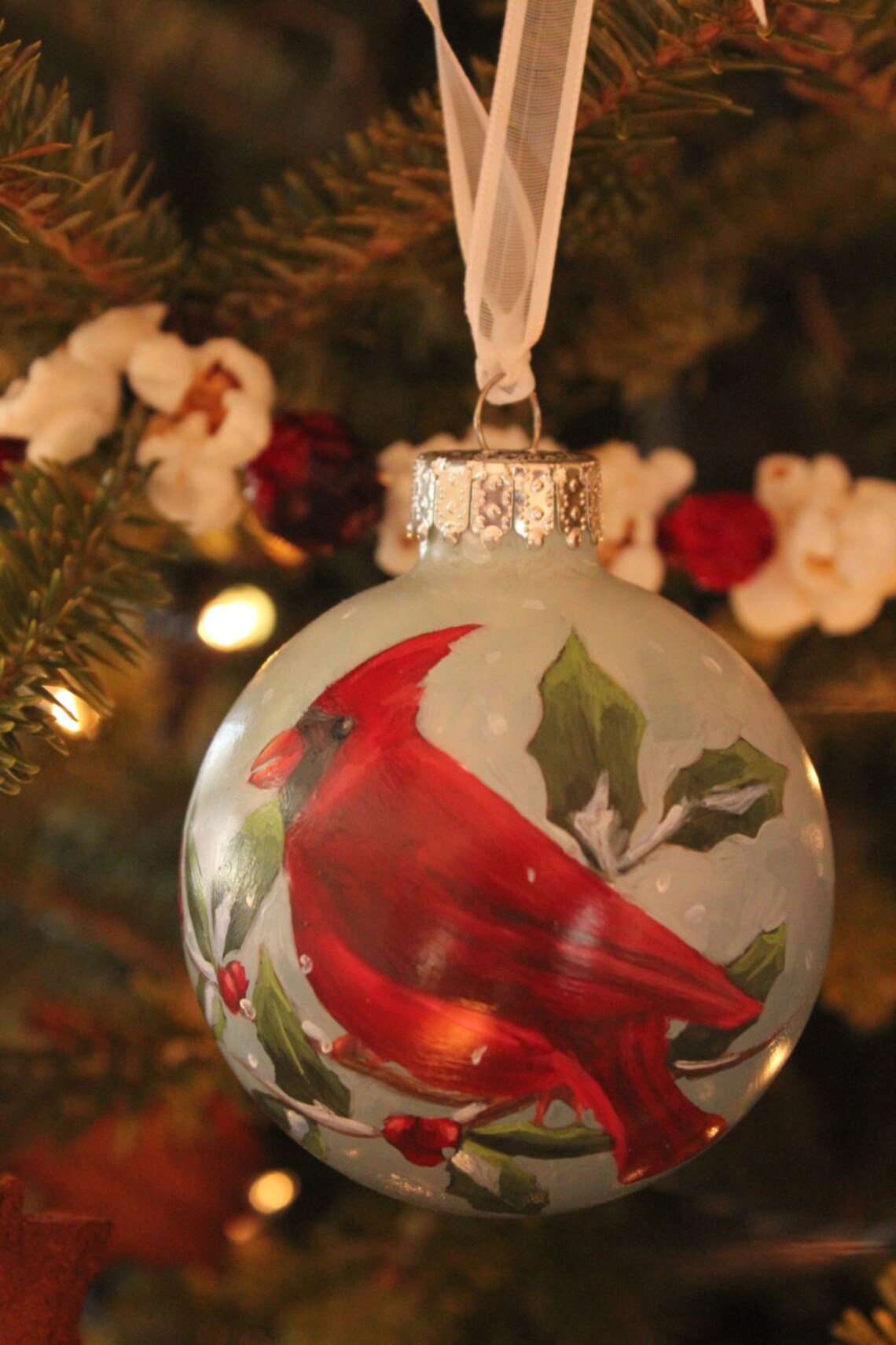 Hand Painted Ornament of a Cardinal With Fir Tree Evergreen - Etsy