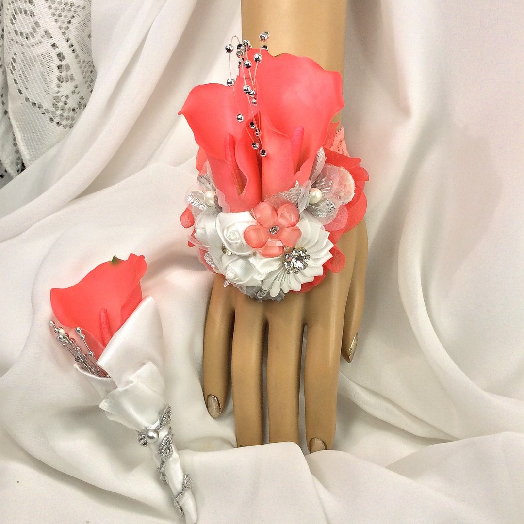 Neon Coral Corsage Set-coral Prom Set-prom Flowers-keepsake - Etsy