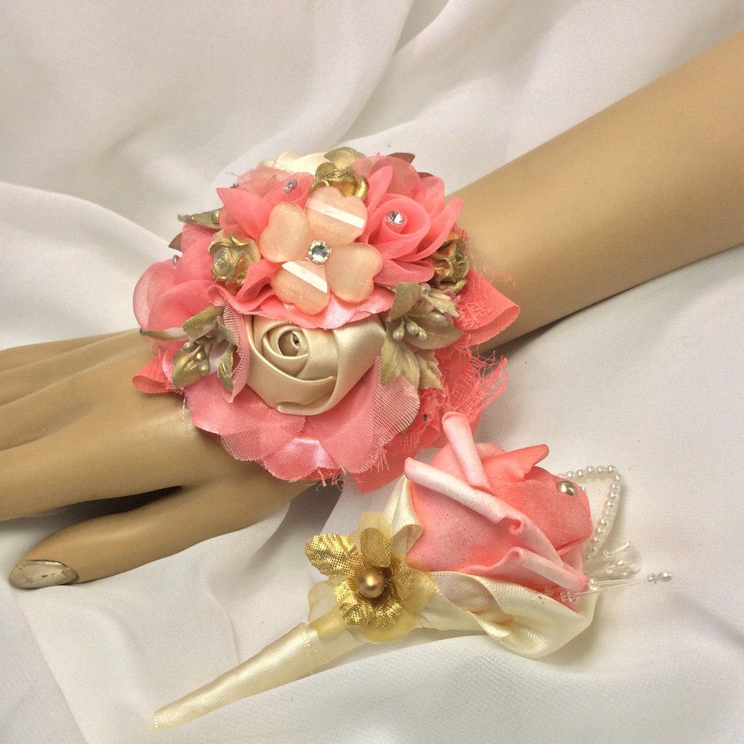 Coral and Gold Corsage Set-coral Prom Set-coral Wrist Corsage and ...