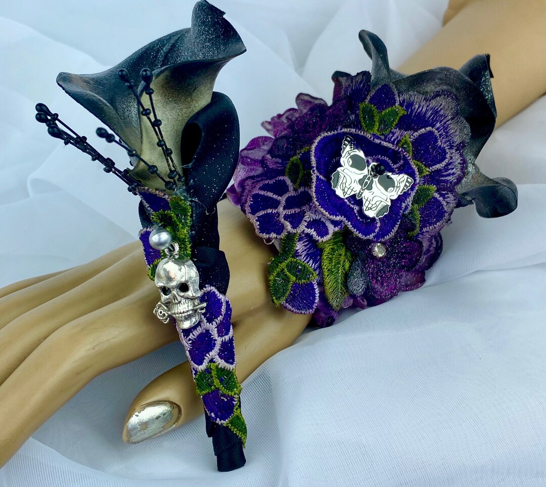 Gothic Wrist Corsage Set-black-purple-flowers Dark Corsage Set-gothic ...