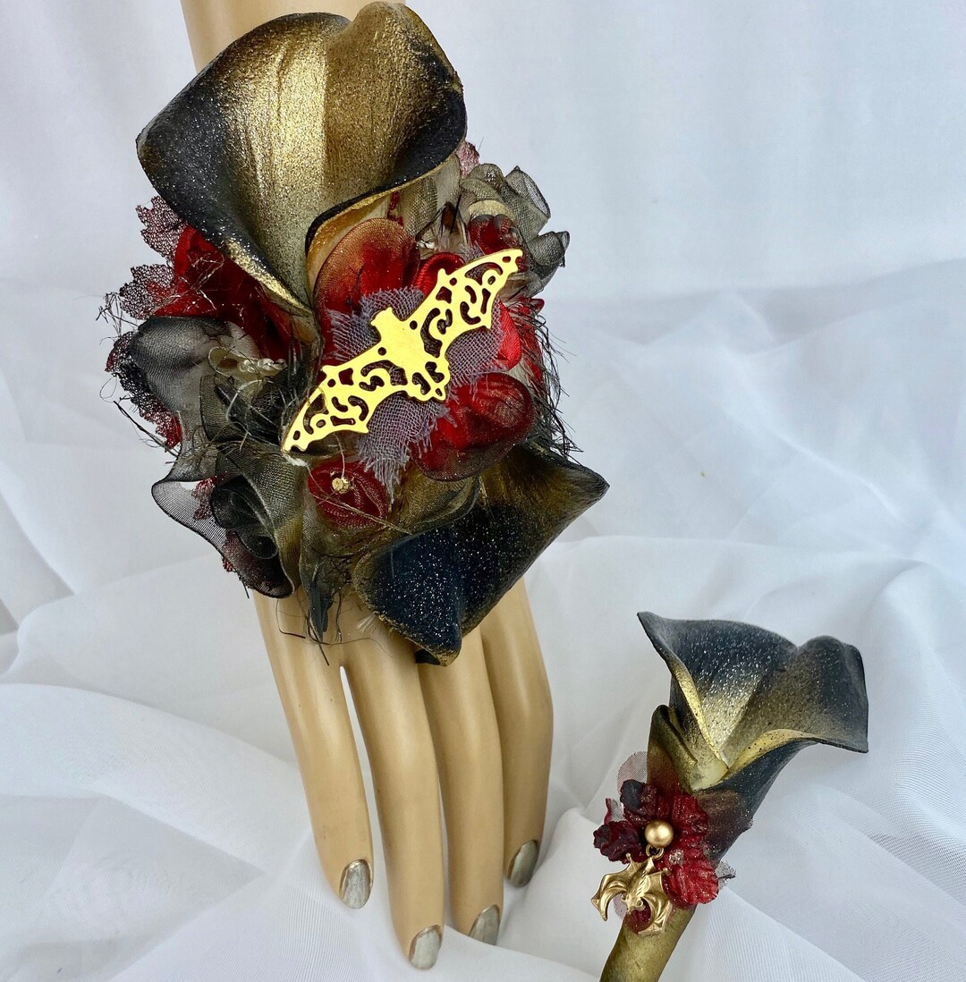 Gothic Corsage-black-red Flowers-wrist Corsage-vampire Bat Corsage ...