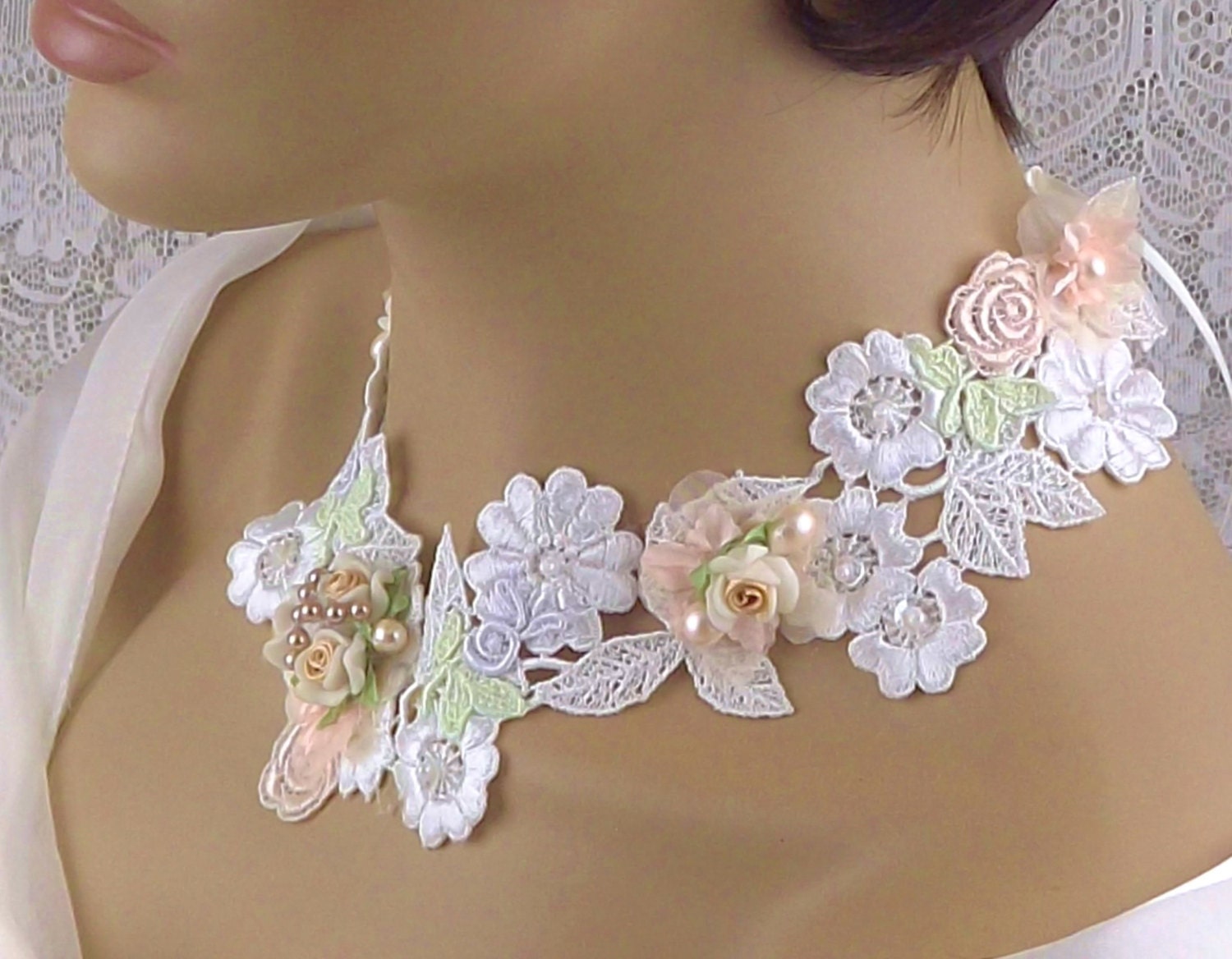 Boho Wedding Bridal Bride Lace Fabric Flower Necklace | Etsy