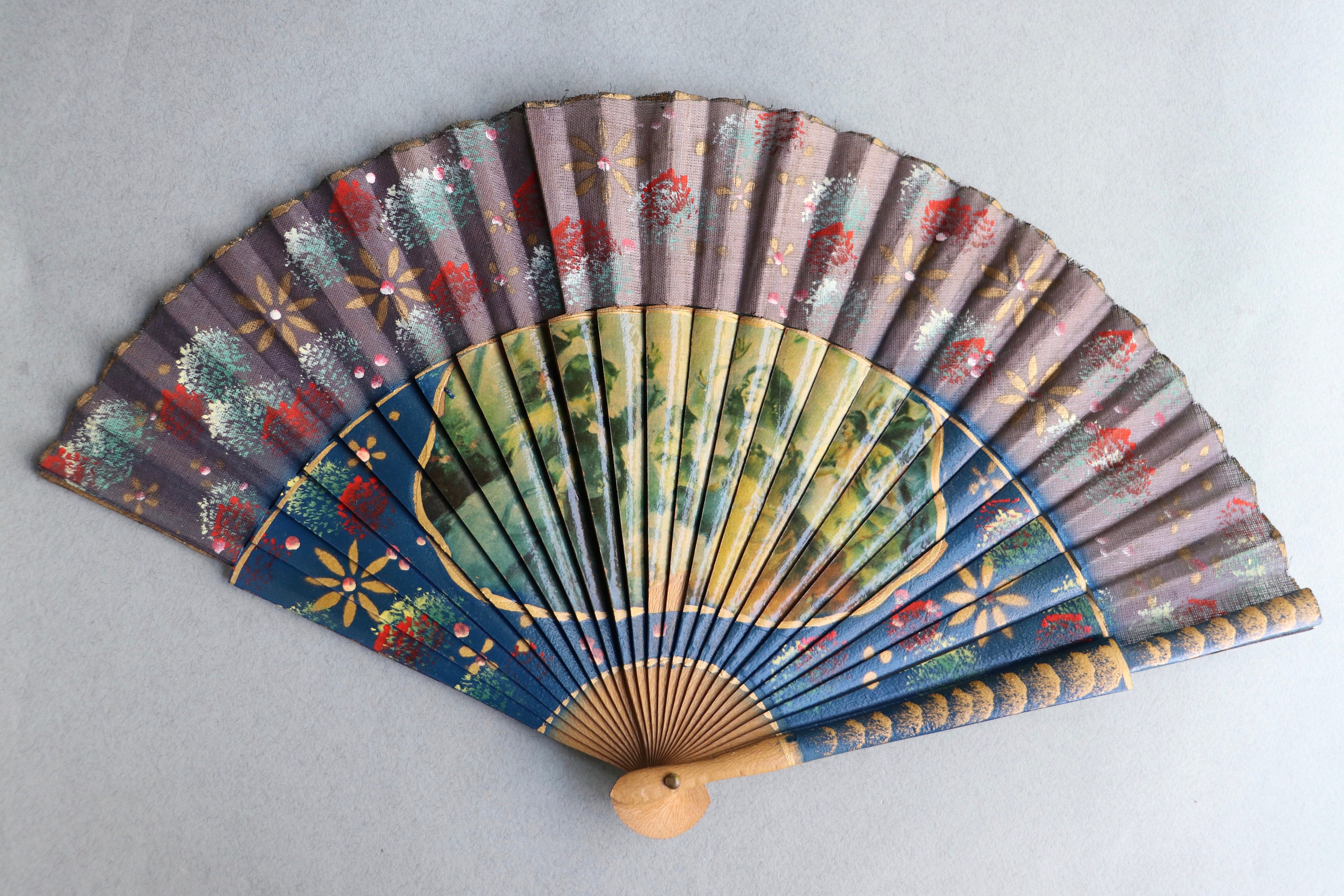 Vintage Spanish Fan in Wood with Hand-painted Fabric
