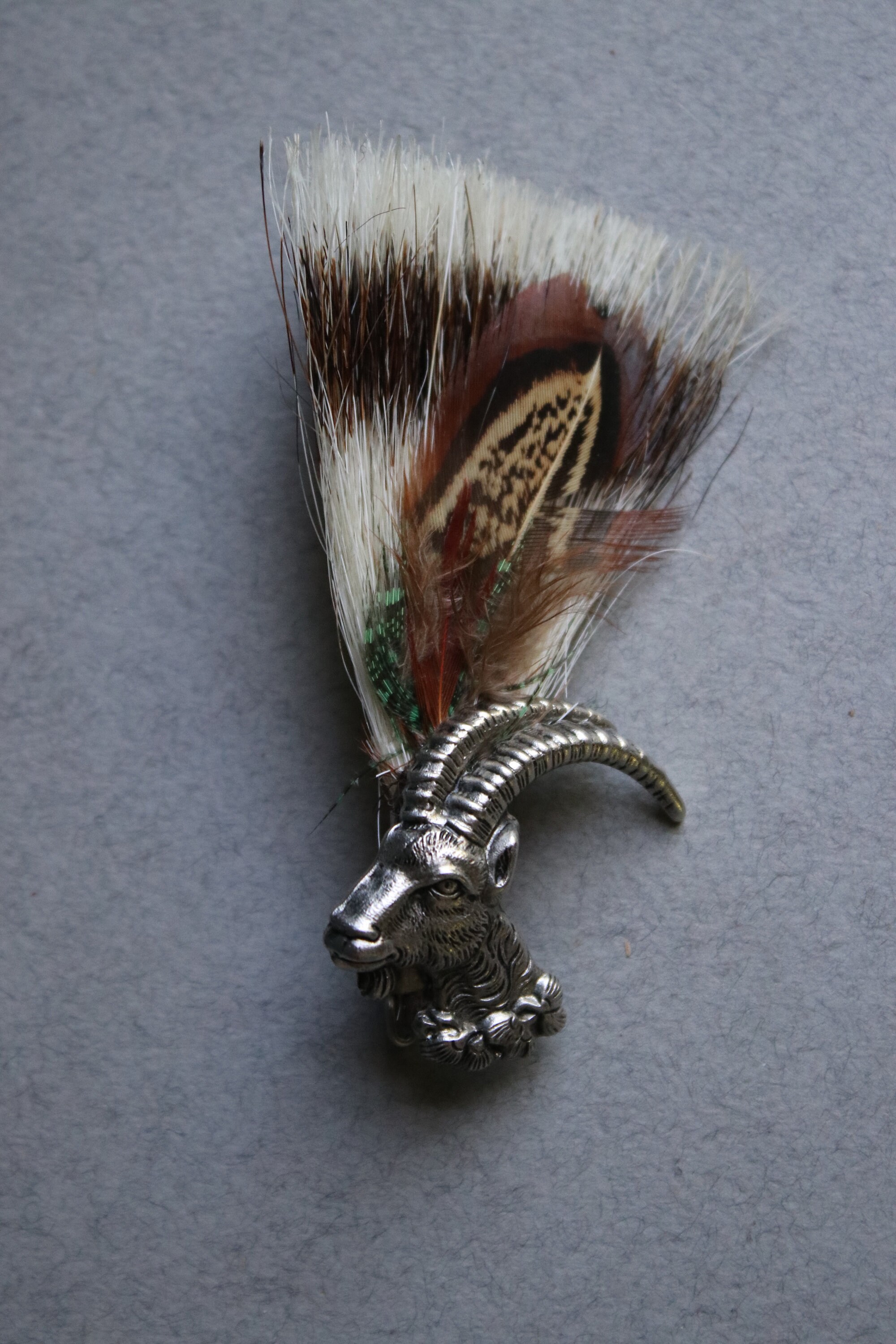European Gamsbart Goat Beard and Feather Hat Pin