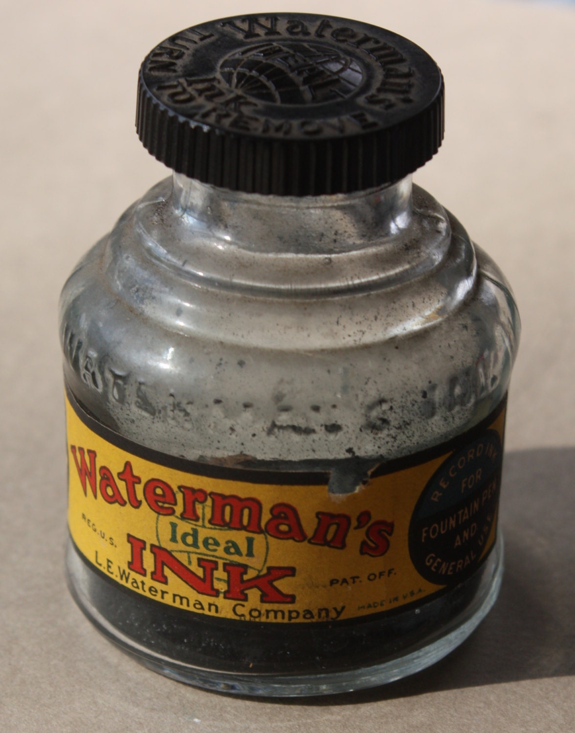 Reserved for R: Waterman's Ink Bottle with Bakelite Cap, Circa 1920s