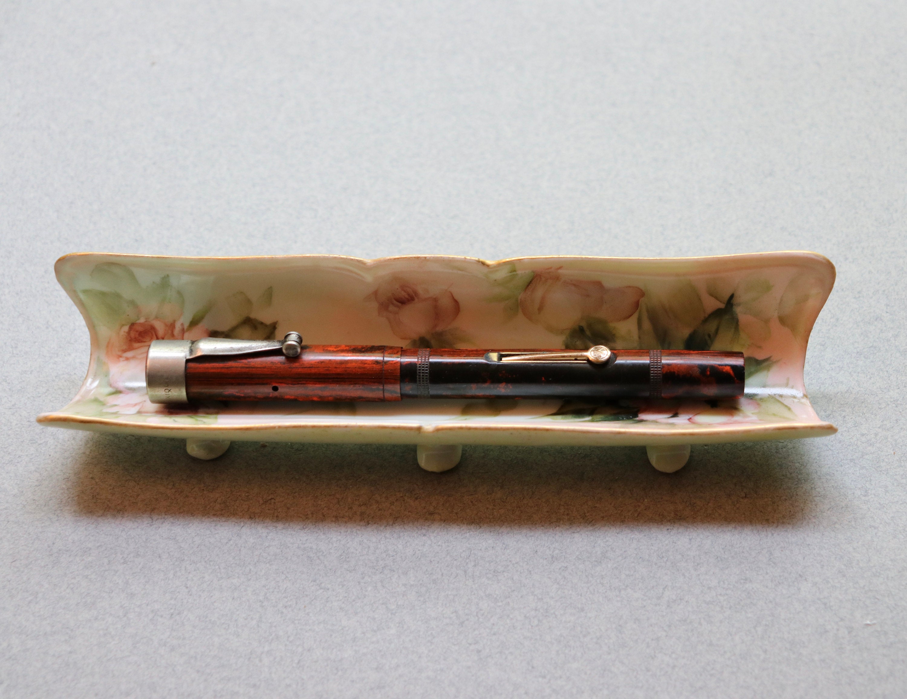 Antique, Hand-painted Porcelain Pen Tray with Roses and Gilt Trim
