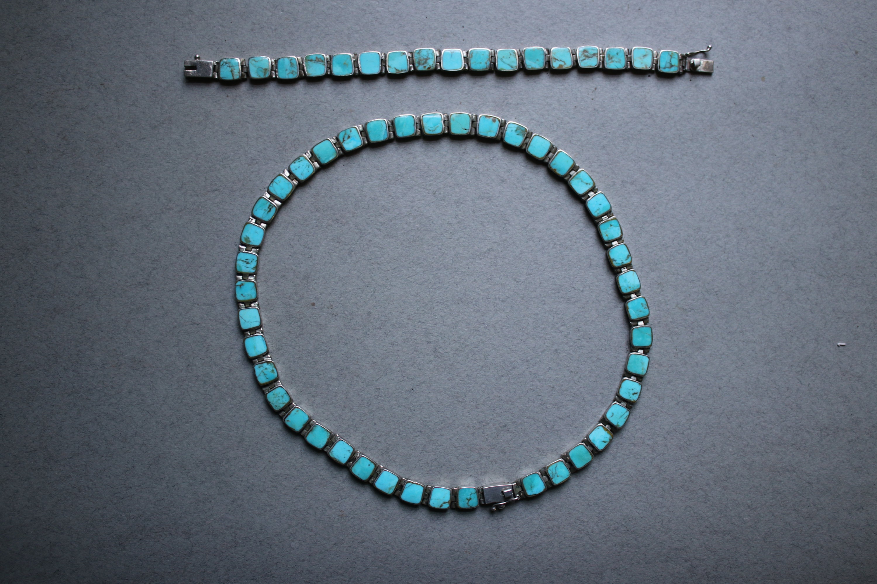 Turquoise and Silver Necklace and Bracelet Set, Made in Chile