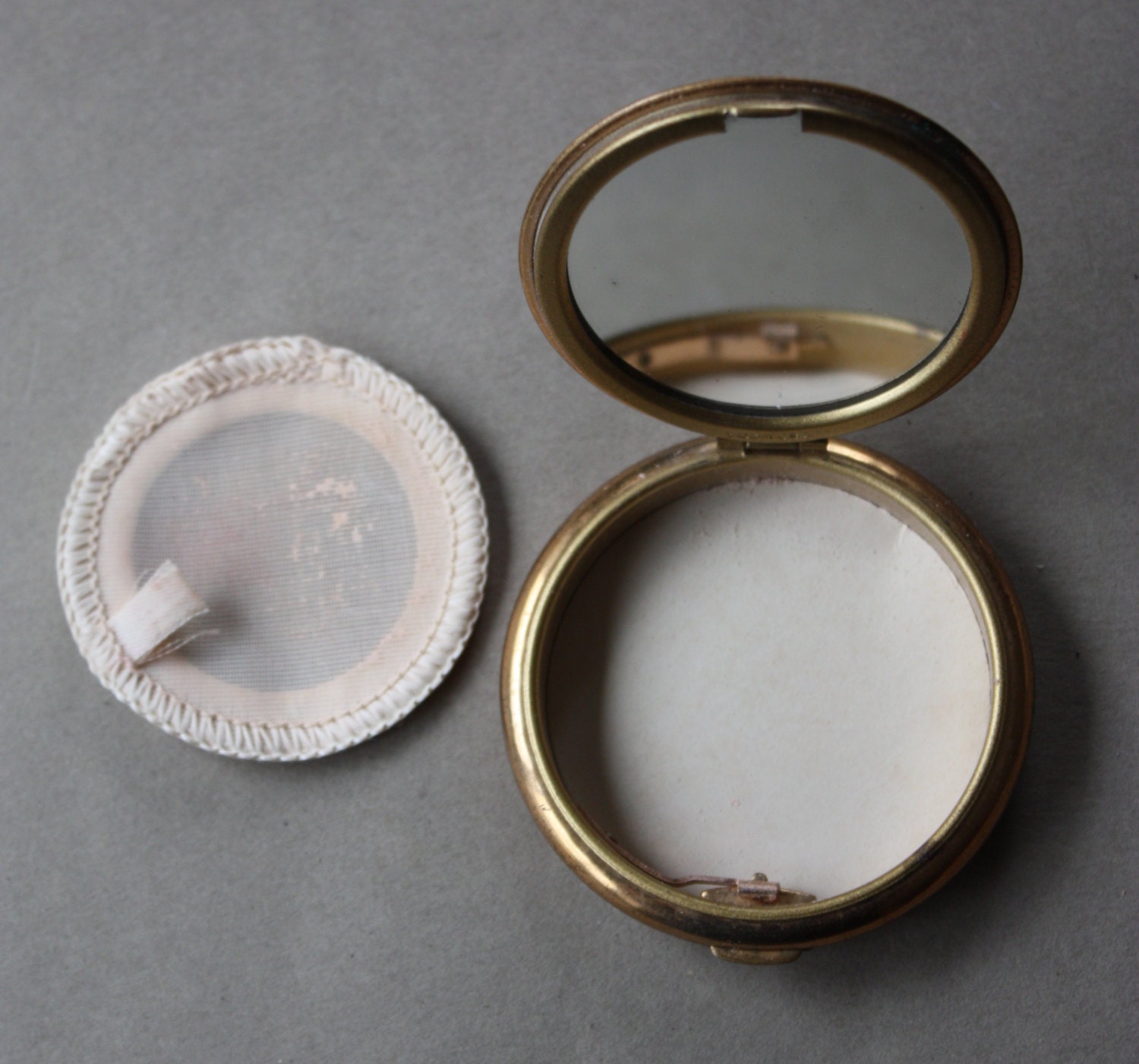 Small Powder Compact with Gray Lid, Stamped Made in USA