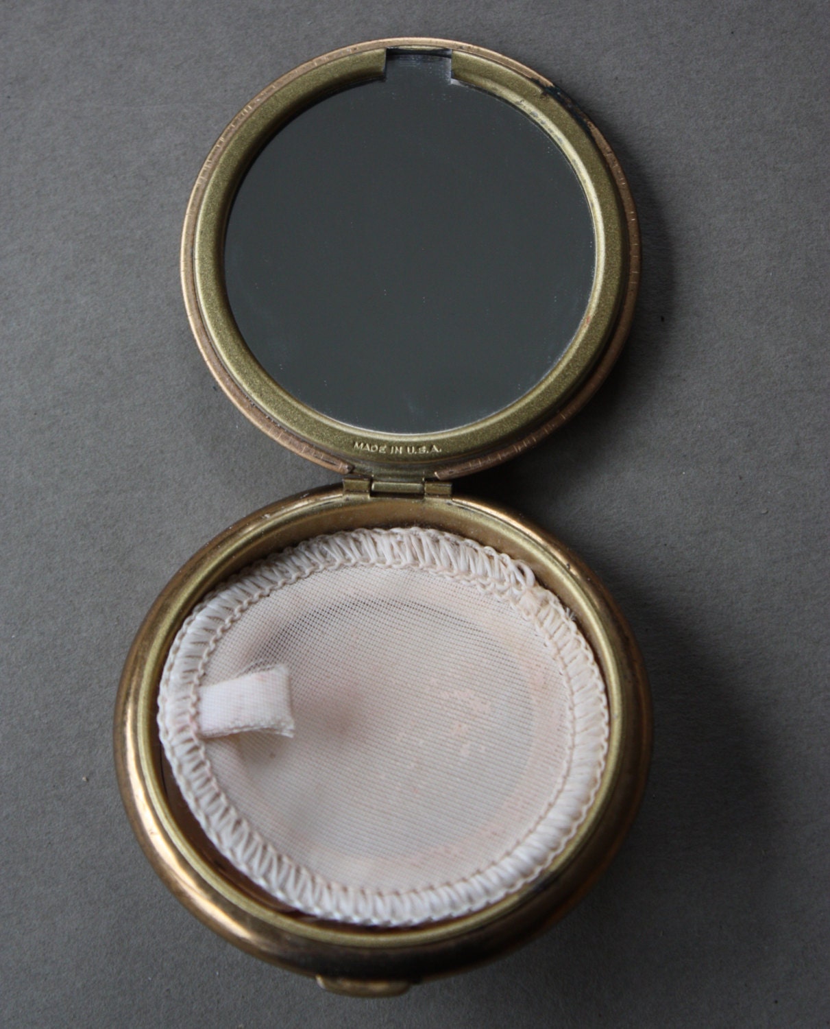 Small Powder Compact with Gray Lid, Stamped Made in USA