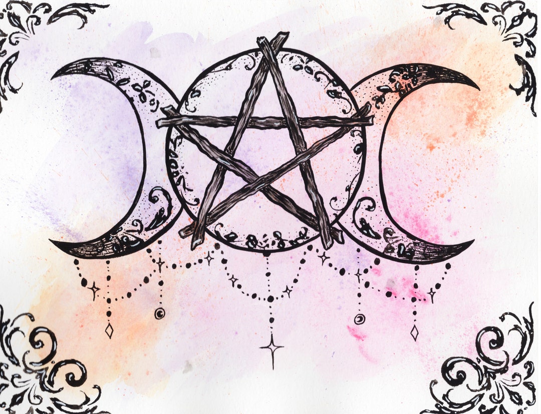 Triple Moon Pentacle Art Print, Triple Moon Painting, Pentacle Painting ...