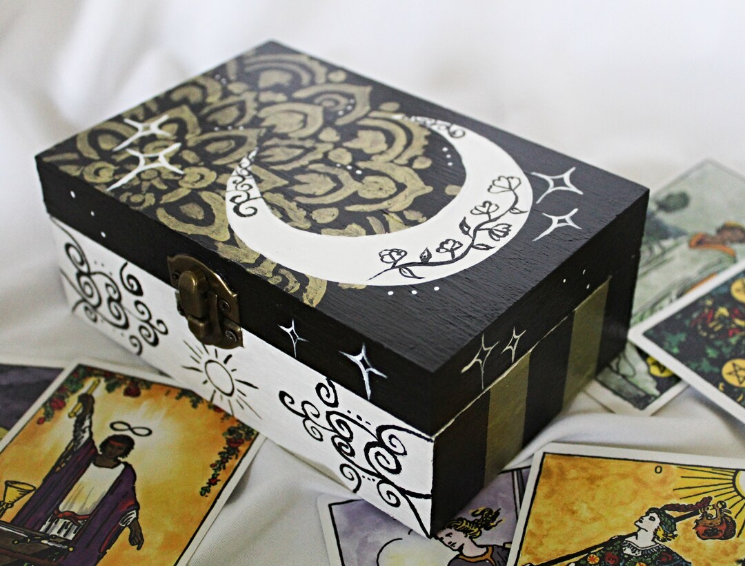 Tarot Card Box, Hand Painted Tarot Box, Moon and Mandala Box, Witch ...