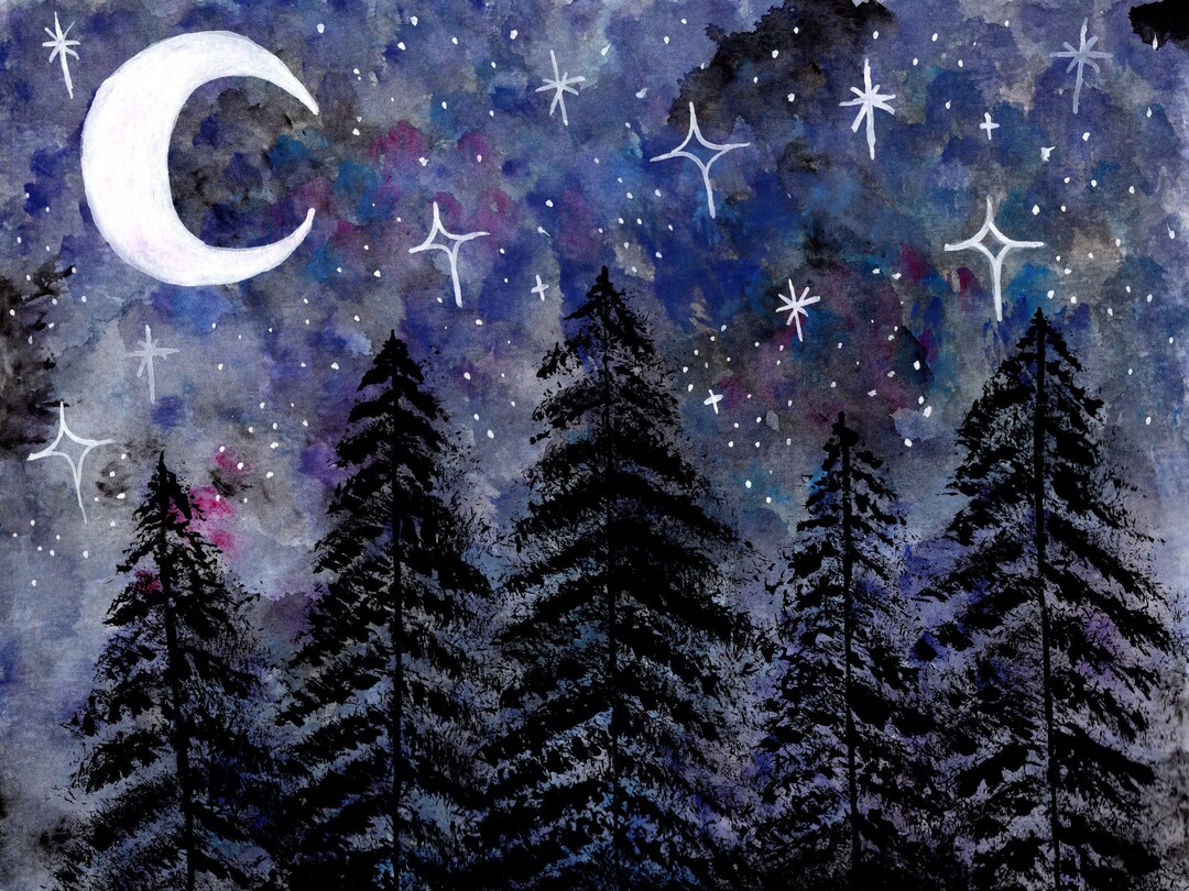 Night Forest Art Print, Forest Art, Moon Art, Art Print, Tree Art - Etsy