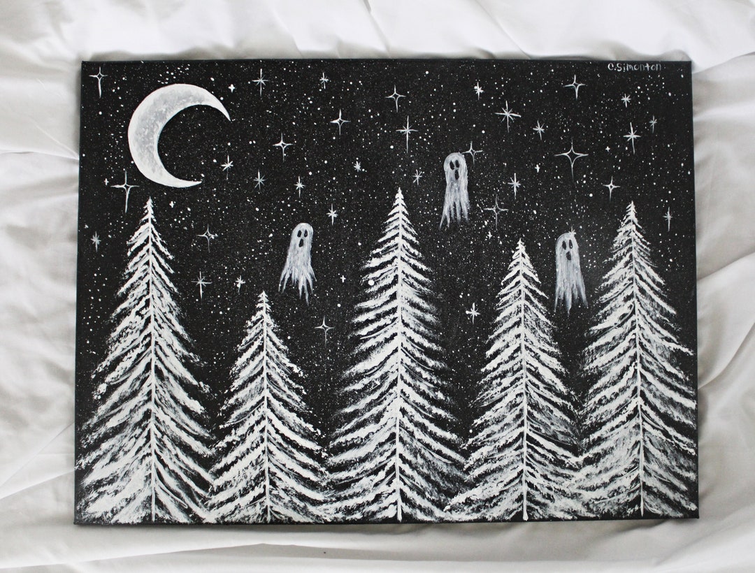 Horror Forest Scene Acrylic Painting, Ghost Forest Painting, Forest ...