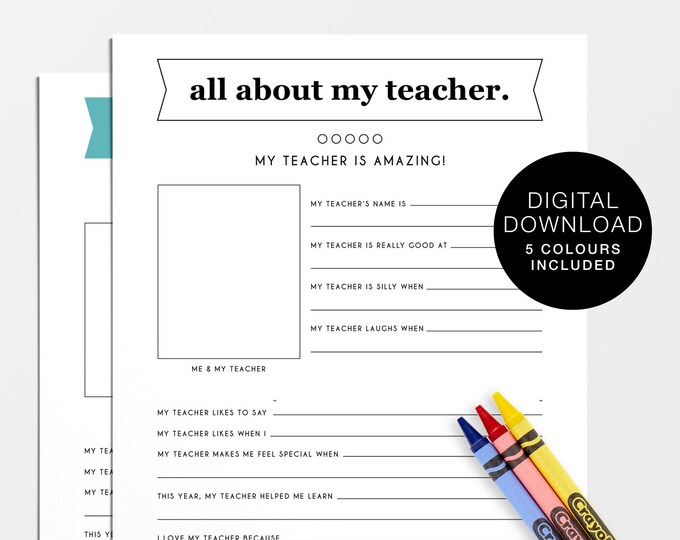 All About My Teacher Worksheet, Teacher Thank You Gift, Kids Teacher ...