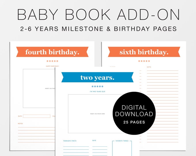 Add-on Pages: 2-6 Years Milestones & Birthdays, Digital Baby Book ...
