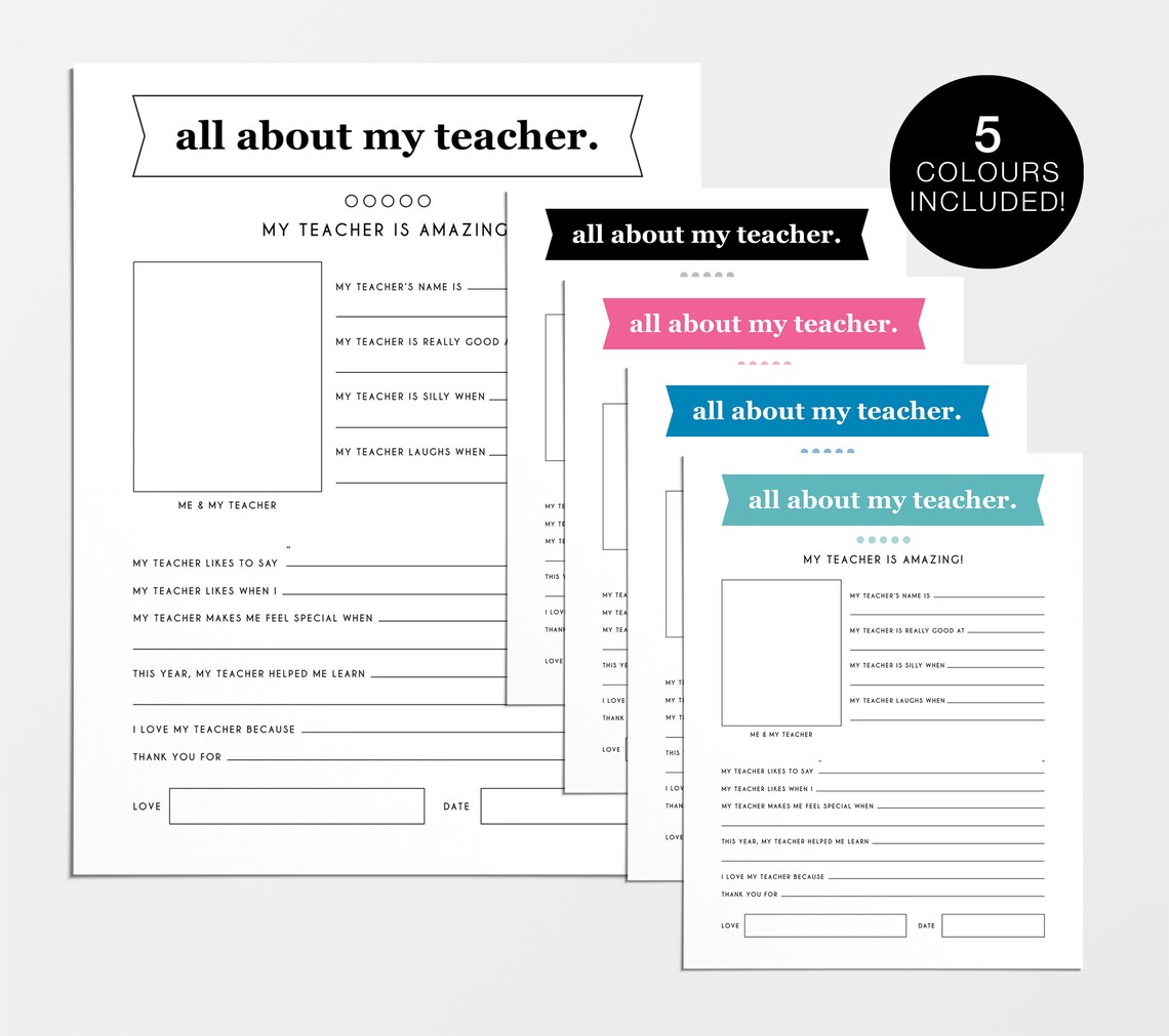 All About My Teacher Worksheet Teacher Thank You Gift Kids | Etsy