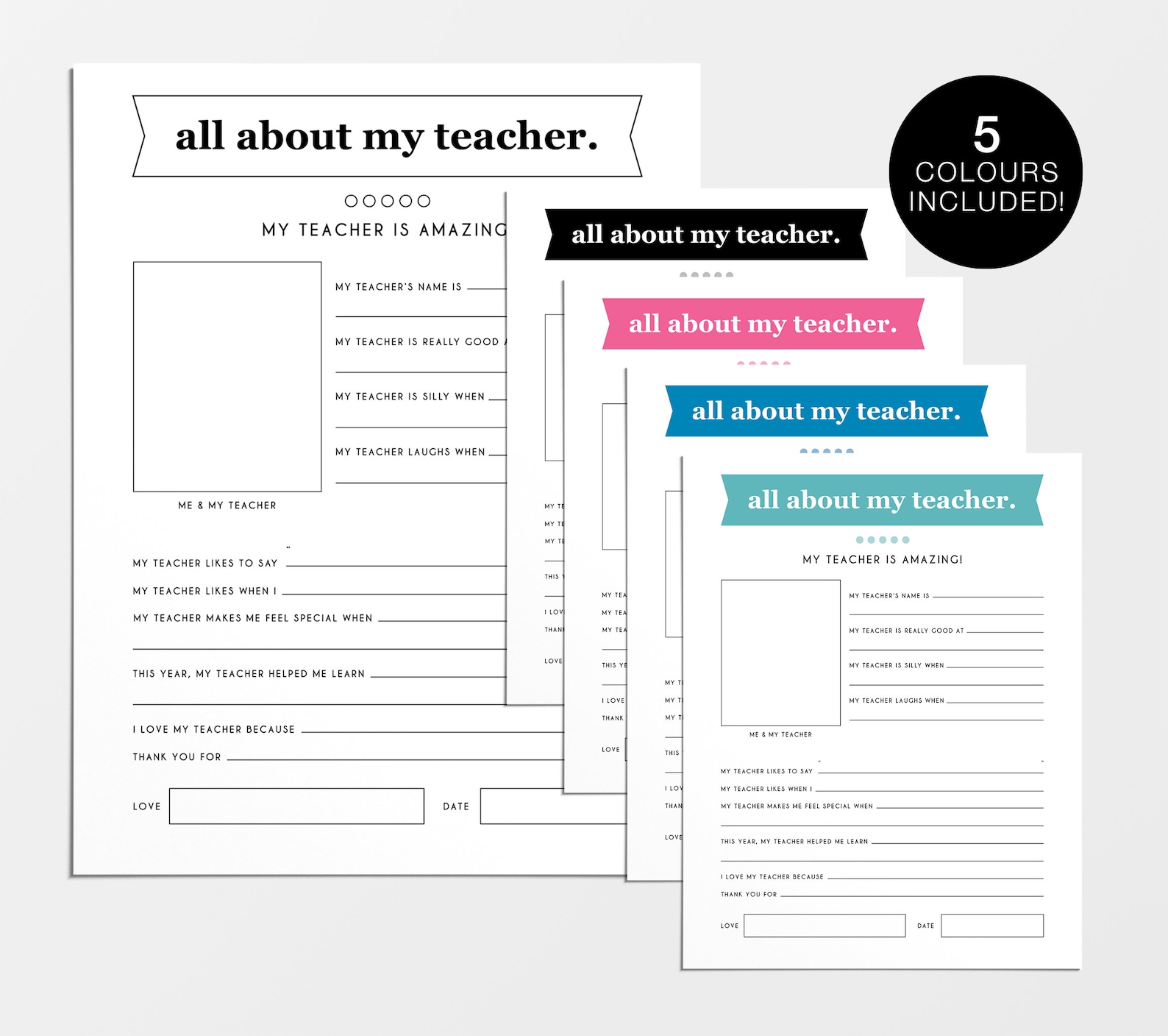 All About My Teacher Worksheet Teacher Thank You Gift Kids | Etsy