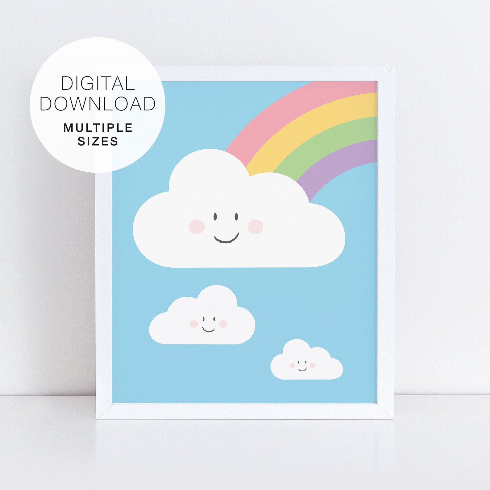 Digital Printable Art, Rainbow With Happy Clouds, Printable Nursery Art ...