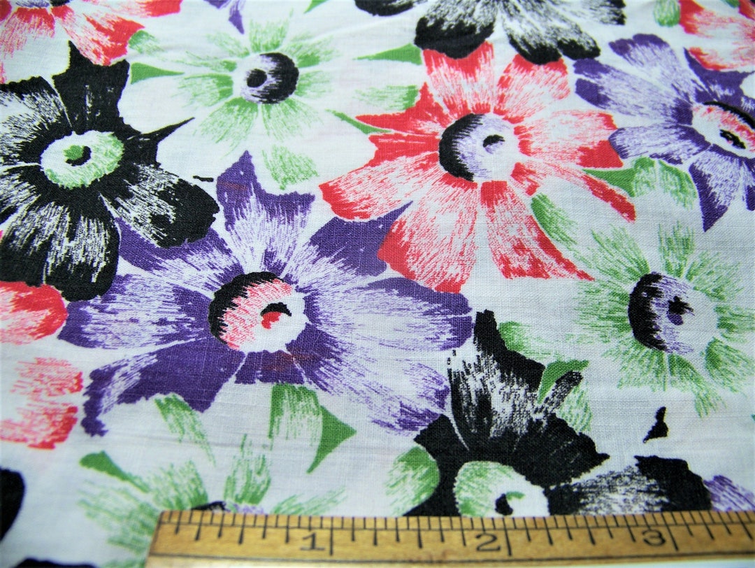 Vintage 1930's Cotton Flour Sack Fabric DASIY FLORAL Red Purple Green ...