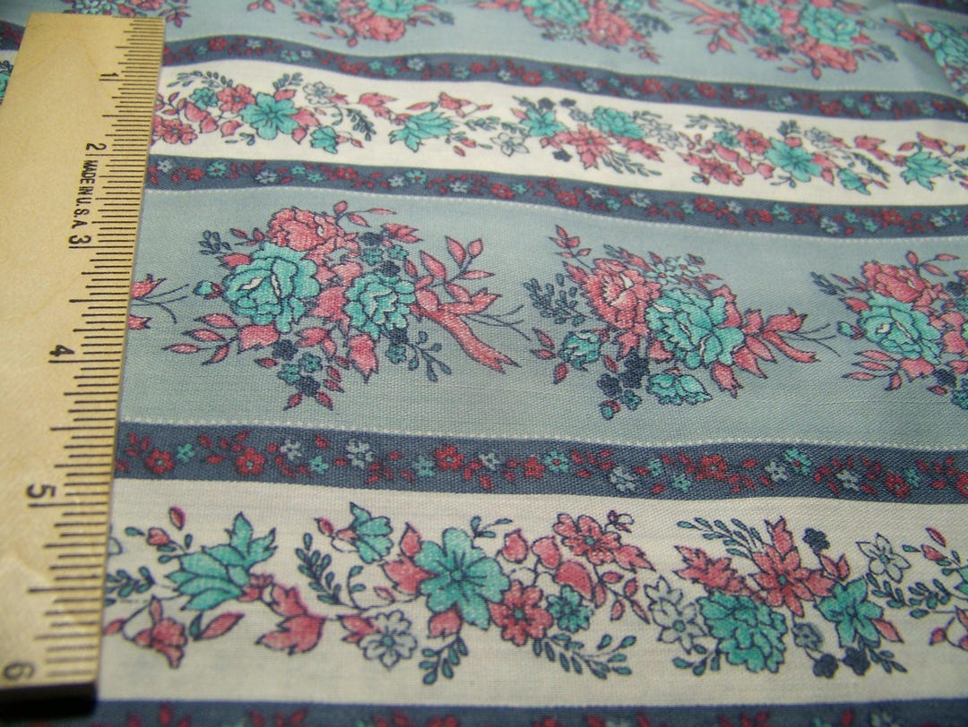 Vintage 1970s Cotton Fabric: FLORAL STRIPE Pink, Blue, White (44"x36 ...