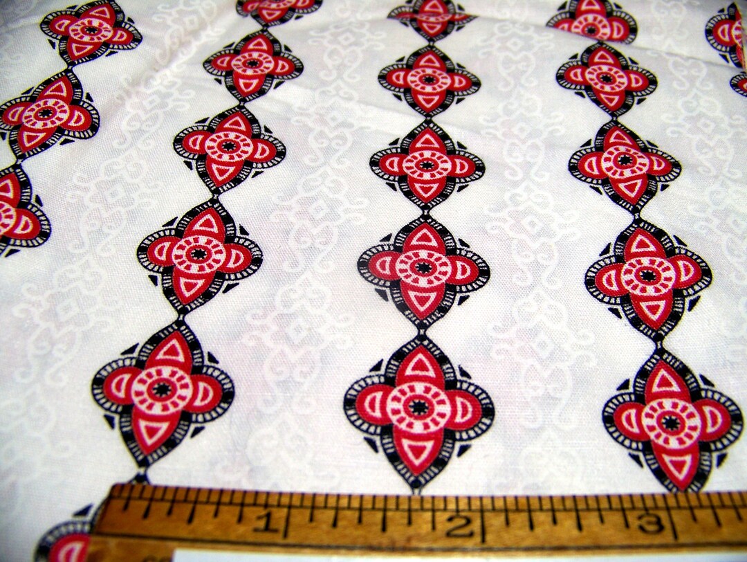 Vintage 1950's Cotton MEDALLION STRIPE Red Black White on White 39 ...
