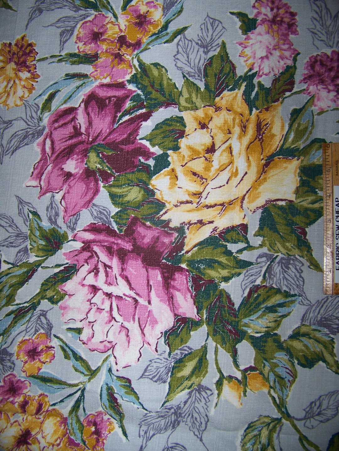 1950's Barkcloth Cotton Fabric Curtain Panel ROSE FLORAL Pink Yellow ...