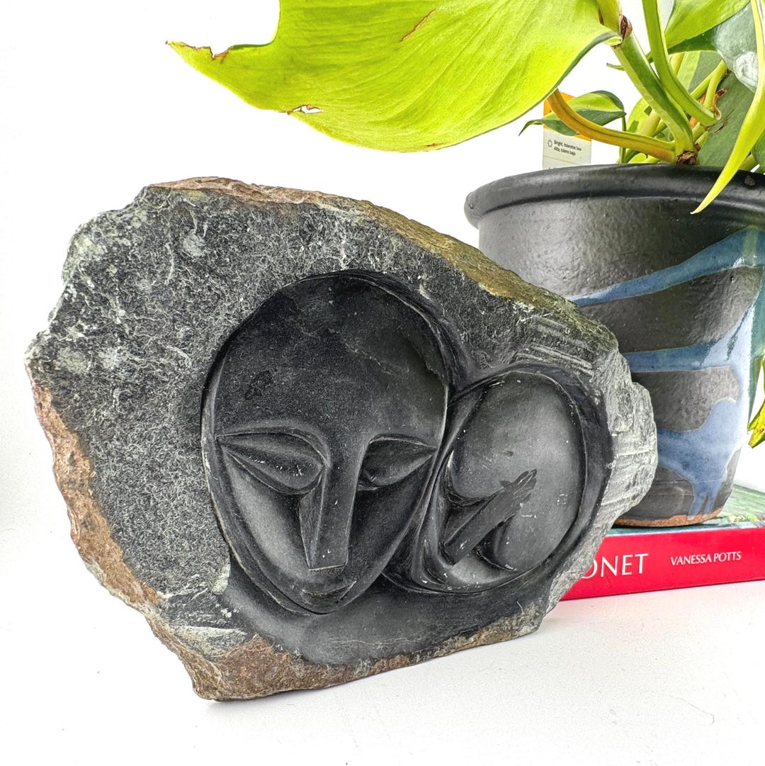 Slate Stone Carved Two Faces Sculpture: Mother & Child / Couple Relief ...